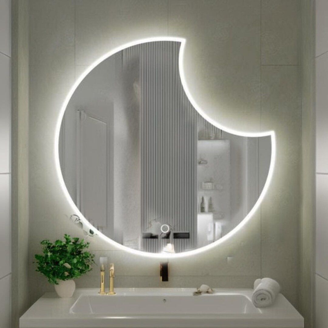 Half Moon LED Lighted Bathroom Mirror, Asymmetrical Mirror With Led ...