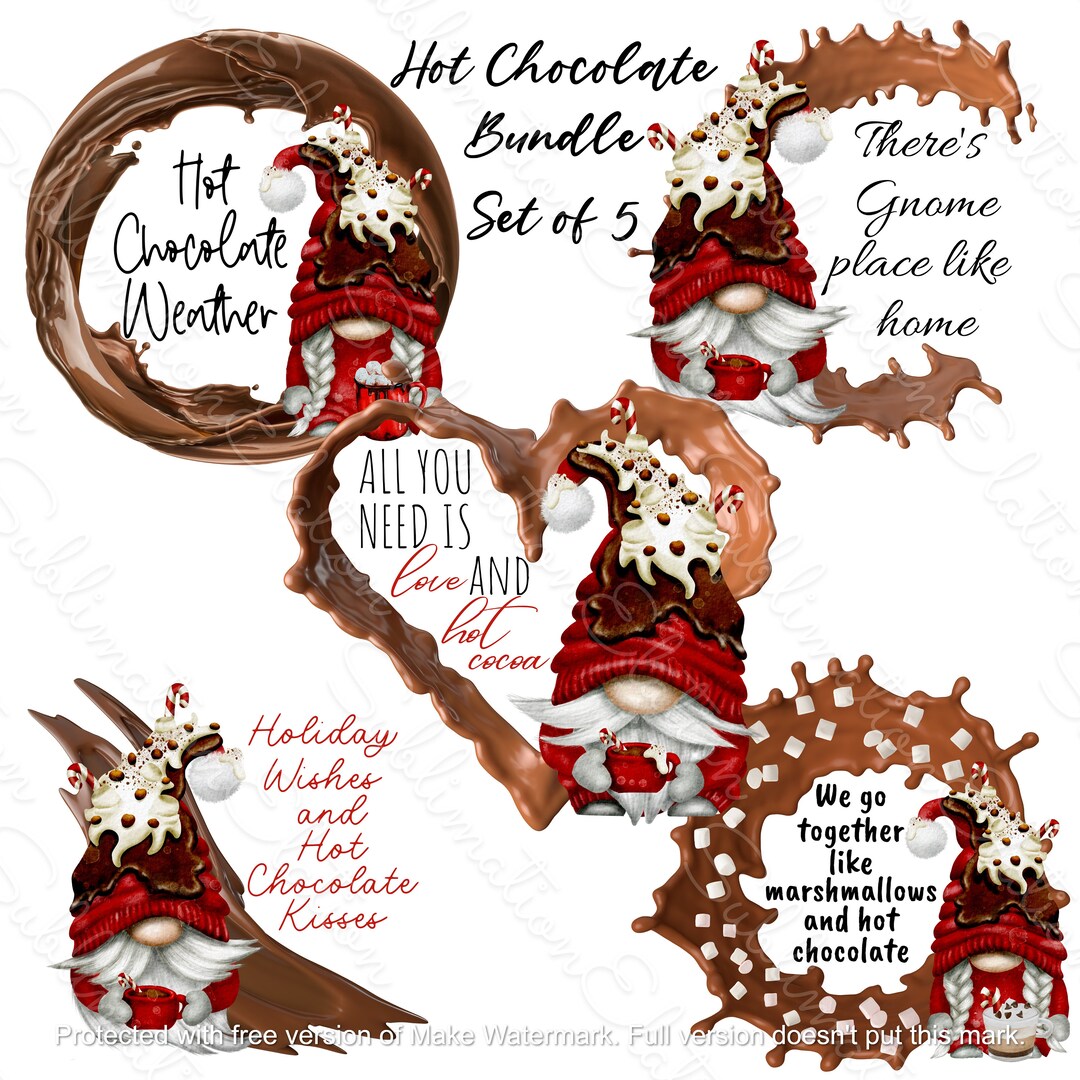 Hot Chocolate Gnomes Set of 5 Sublimation PNG Designs, Coasters, Totes ...