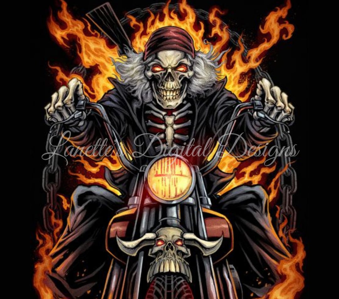 Biker Skeleton on Fire 20oz Skinny Tumbler Wrap, Instant Download, PNG ...