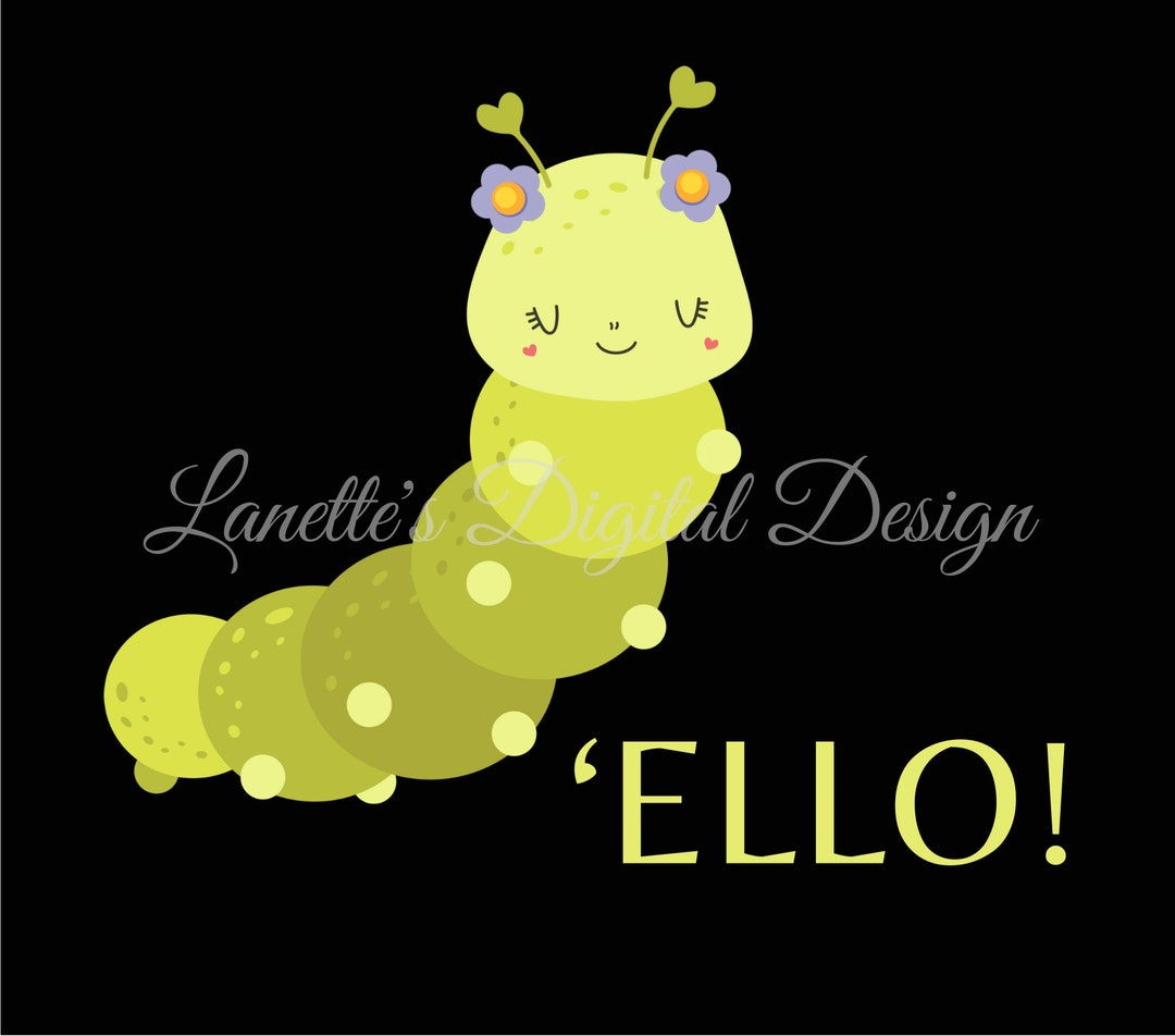 Ello! Cute Little Green Worm, Black Background, Instant Download ...