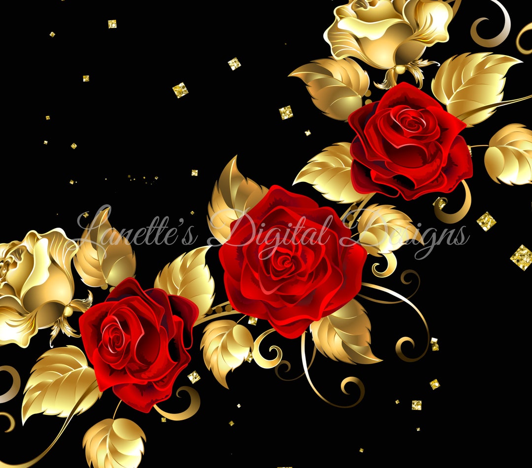Red Roses With Gold Leaves, 20oz Skinny Tumbler Wrap, Instant Download ...