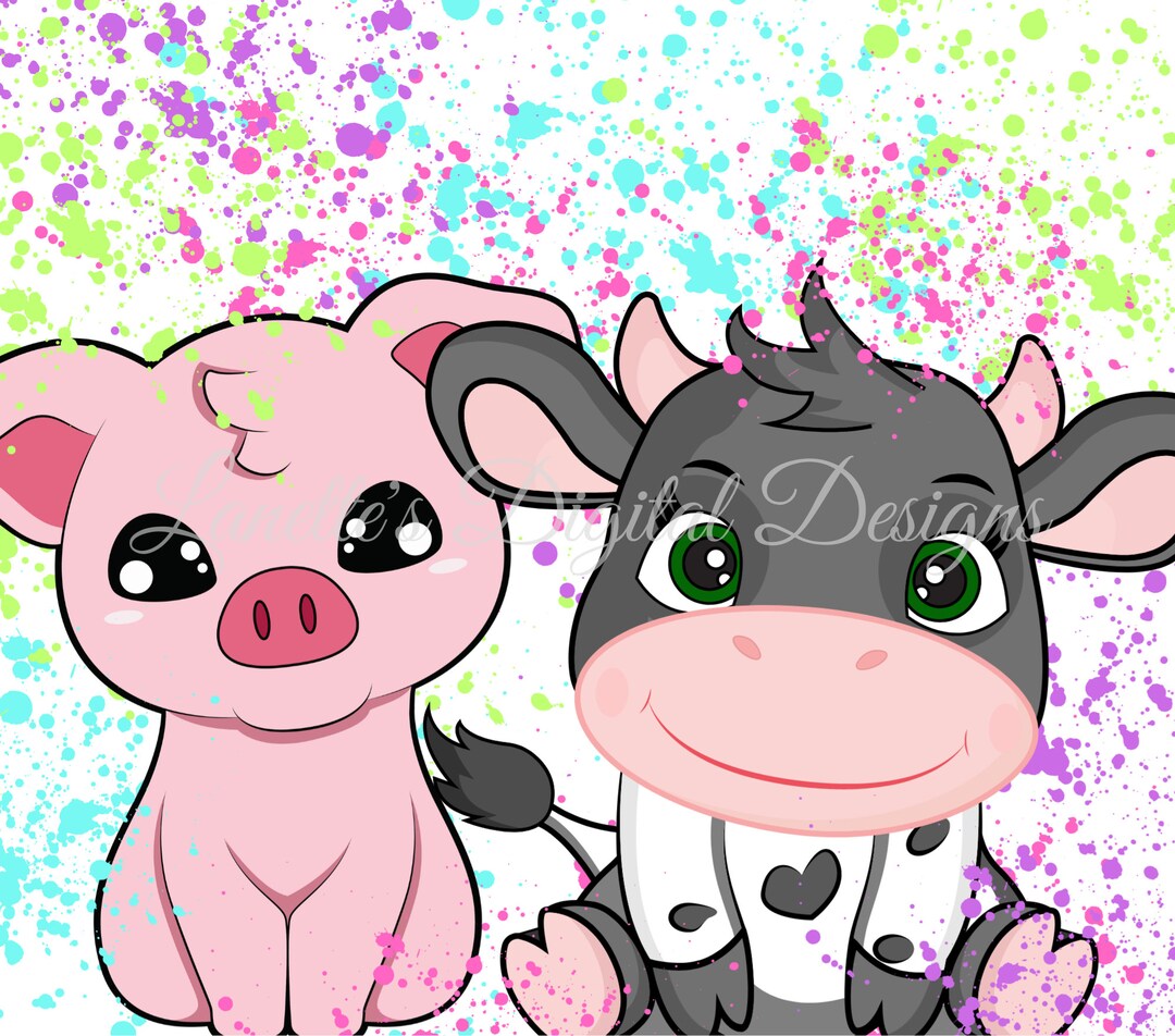 Cute Baby Pig and Cow, Splattered Paint Background, Instant Download ...