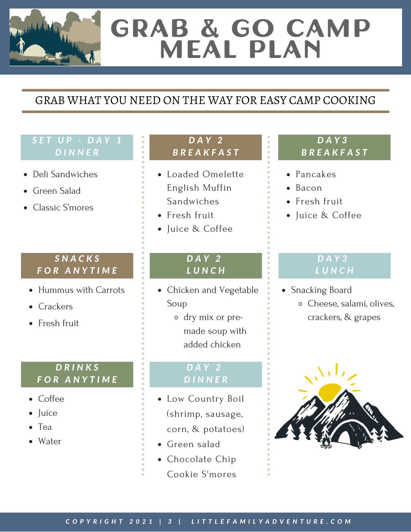 Grab & Go 3 Day Digital Camp Menu | Printable Camping Recipes + Grocery ...