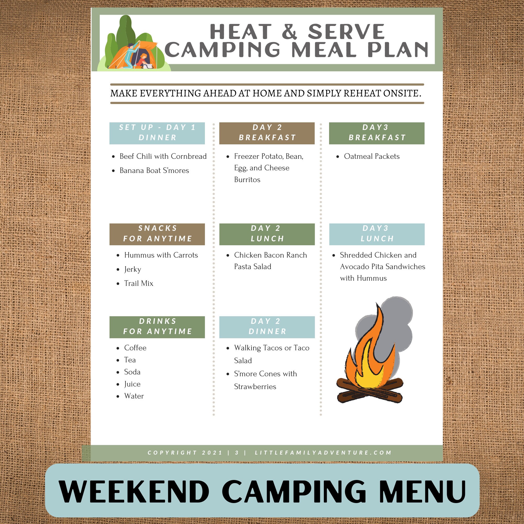 Complete 3 Day Camping Meal Plan With 8 Cook Ahead Camp Recipes ...