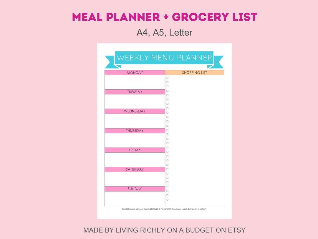 Printable Weekly Meal Planner, Weekly Menu Planner, Meal List, Grocery ...