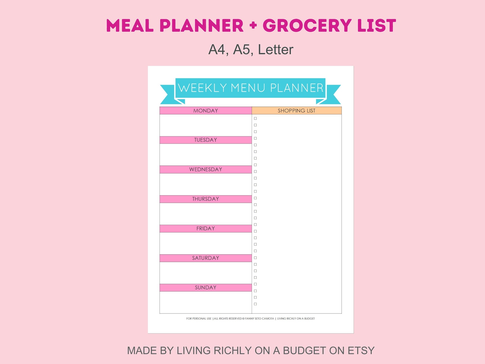Printable Weekly Meal Planner, Weekly Menu Planner, Meal List, Grocery ...