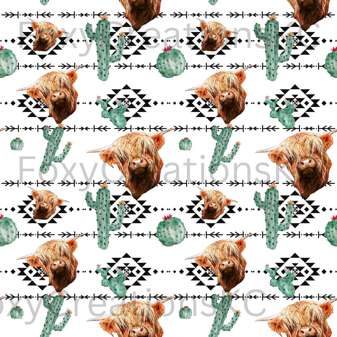 Highland Cow, Seamless Pattern, Cactus, Aztec, Western - Etsy