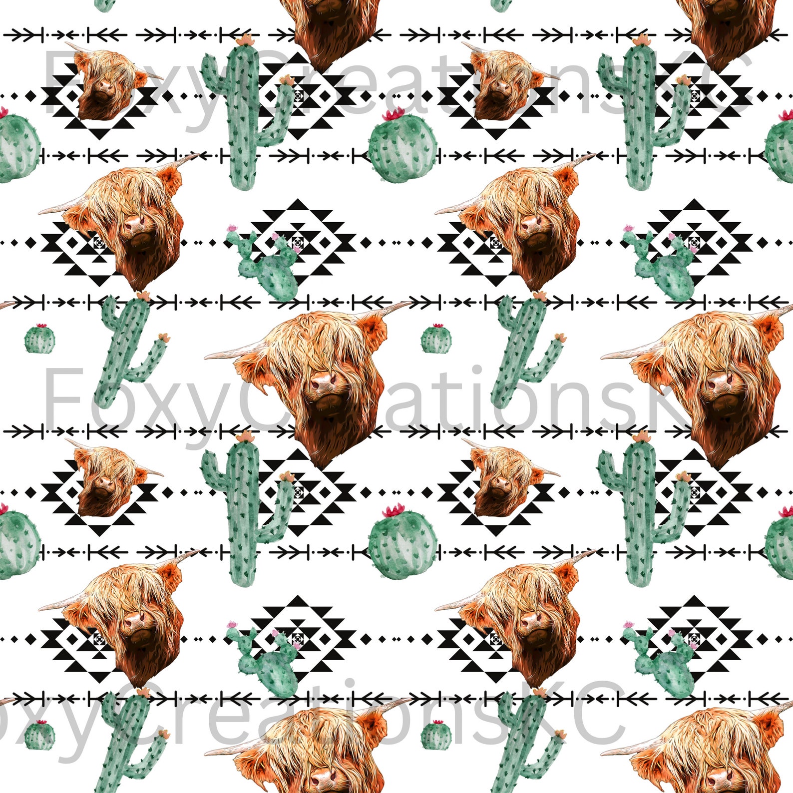 Highland Cow, Seamless Pattern, Cactus, Aztec, Western - Etsy