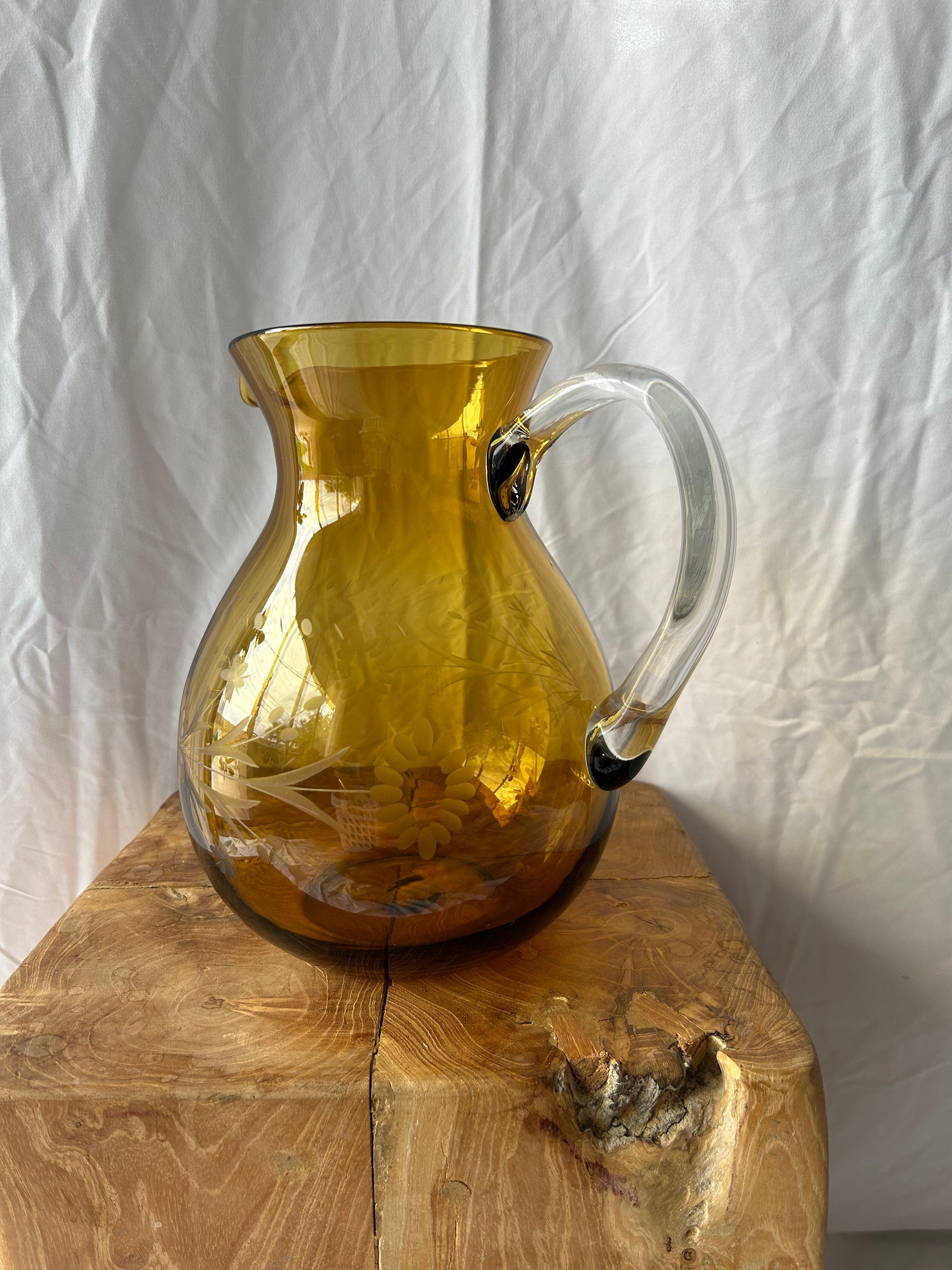 Vintage MCM Amber Floral Etched Glass Pitcher With Clear Handle - Etsy