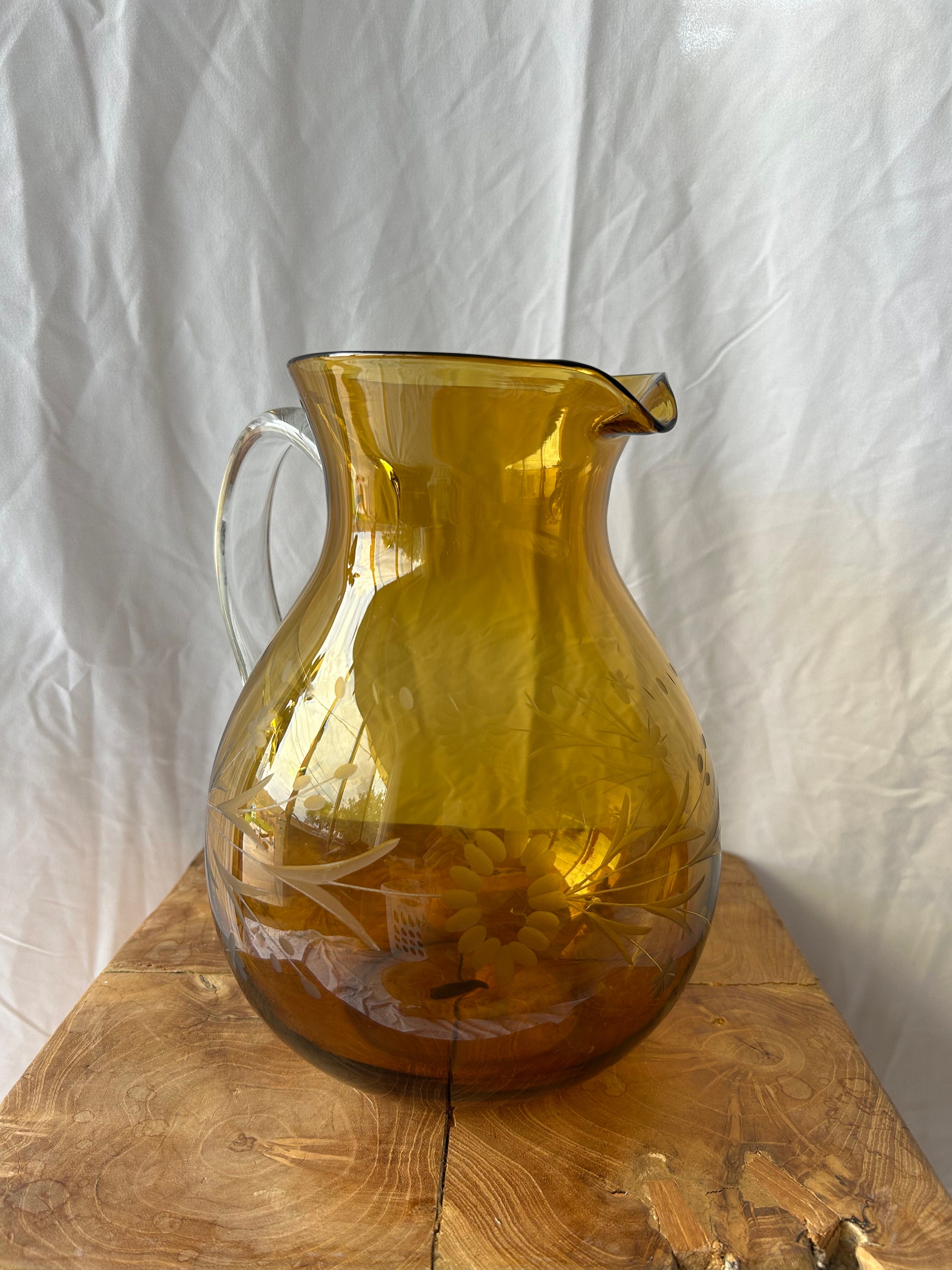 Vintage MCM Amber Floral Etched Glass Pitcher With Clear Handle - Etsy