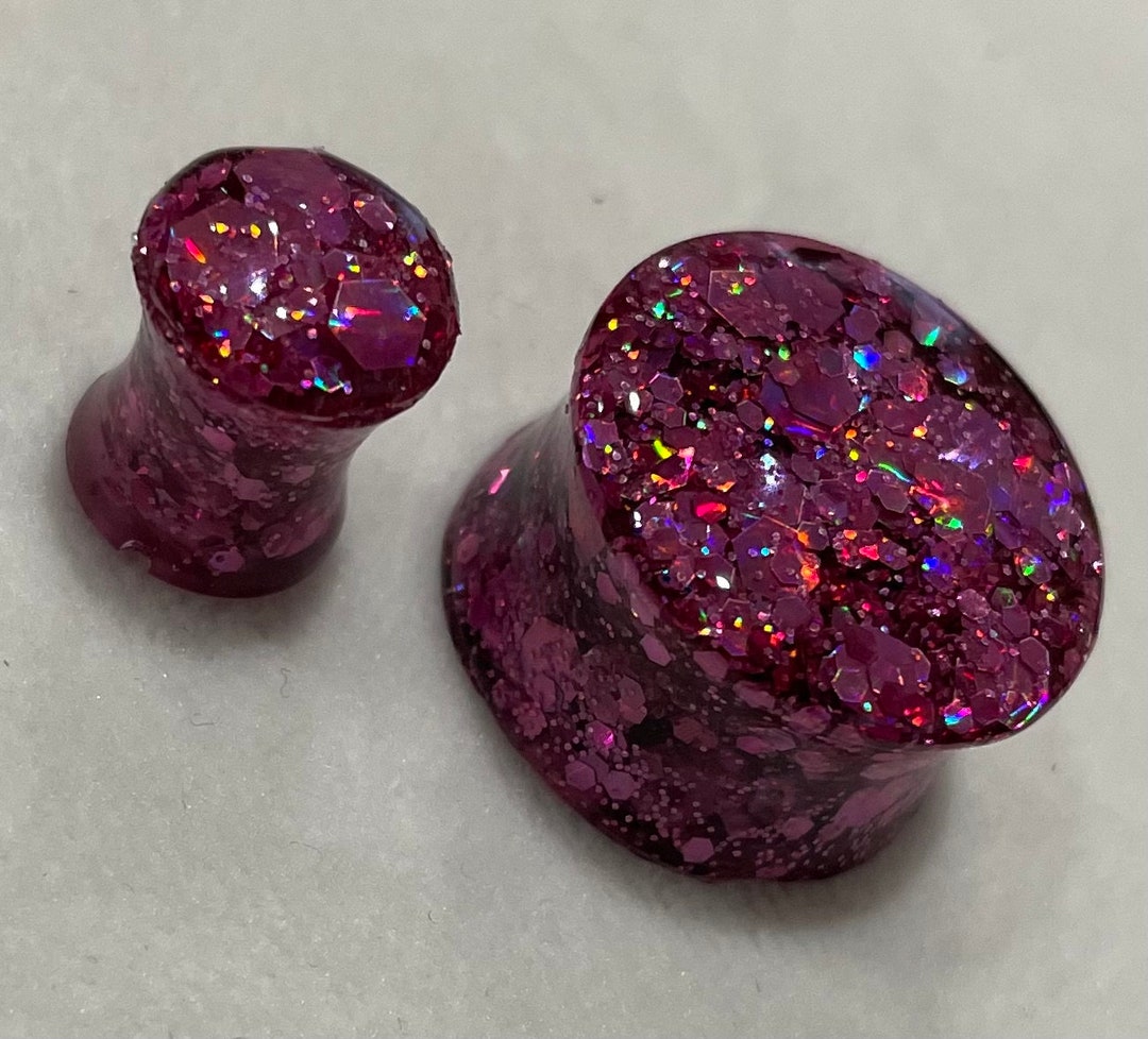Handmade Pink Glitter Resin Flesh Tunnel Ear Plugs Double Flare Gauges ...