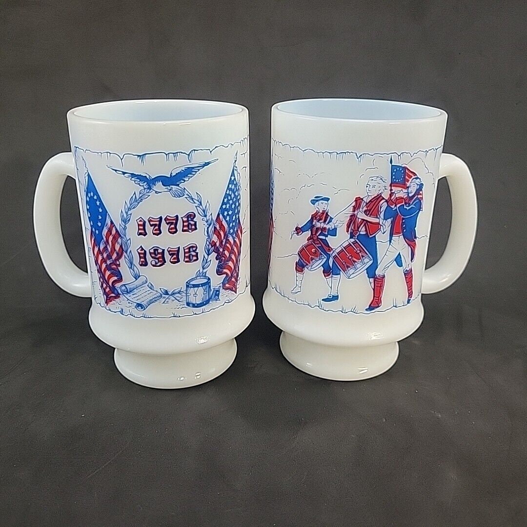 Vintage 1976 American Bicentennial Drummer Milk Glass Mug Cup Set of 2 ...