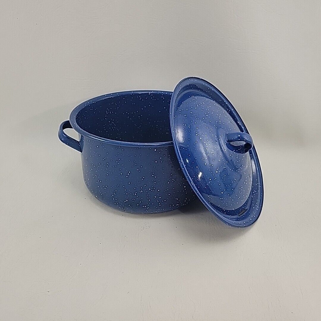 Vintage Blue Speckled Enamelware Rustic Pot With Lid and Handles 7 1/2 ...