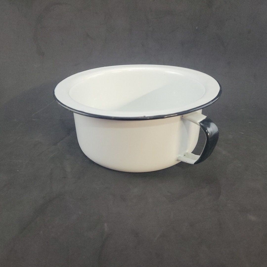 Antique Chamber Pot Potty Enamel Metal Bowl Planter White With Black ...