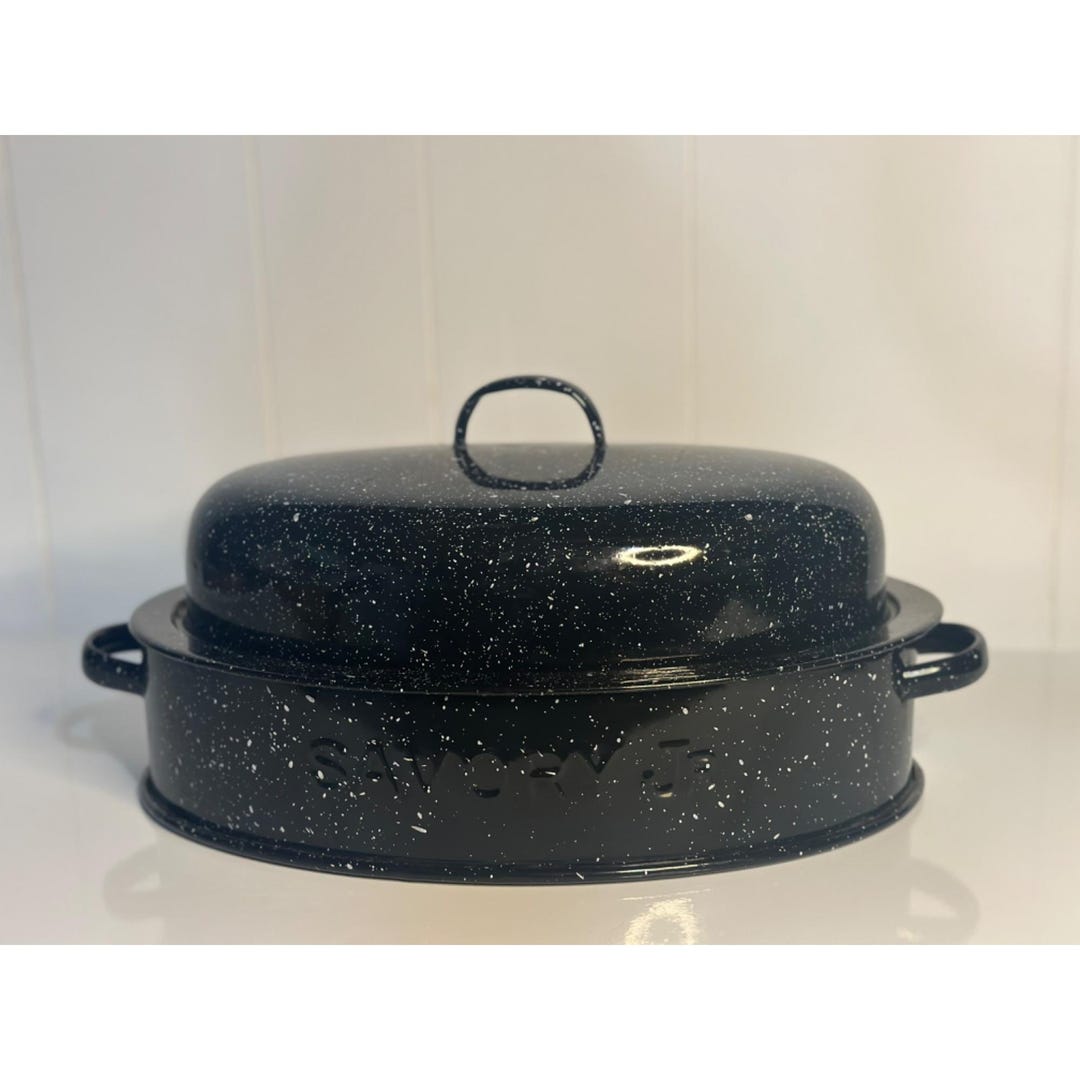 Vtg Oval Savory Jr Black Enamelware Chicken Roaster Bake 12 X 8 W/lid ...
