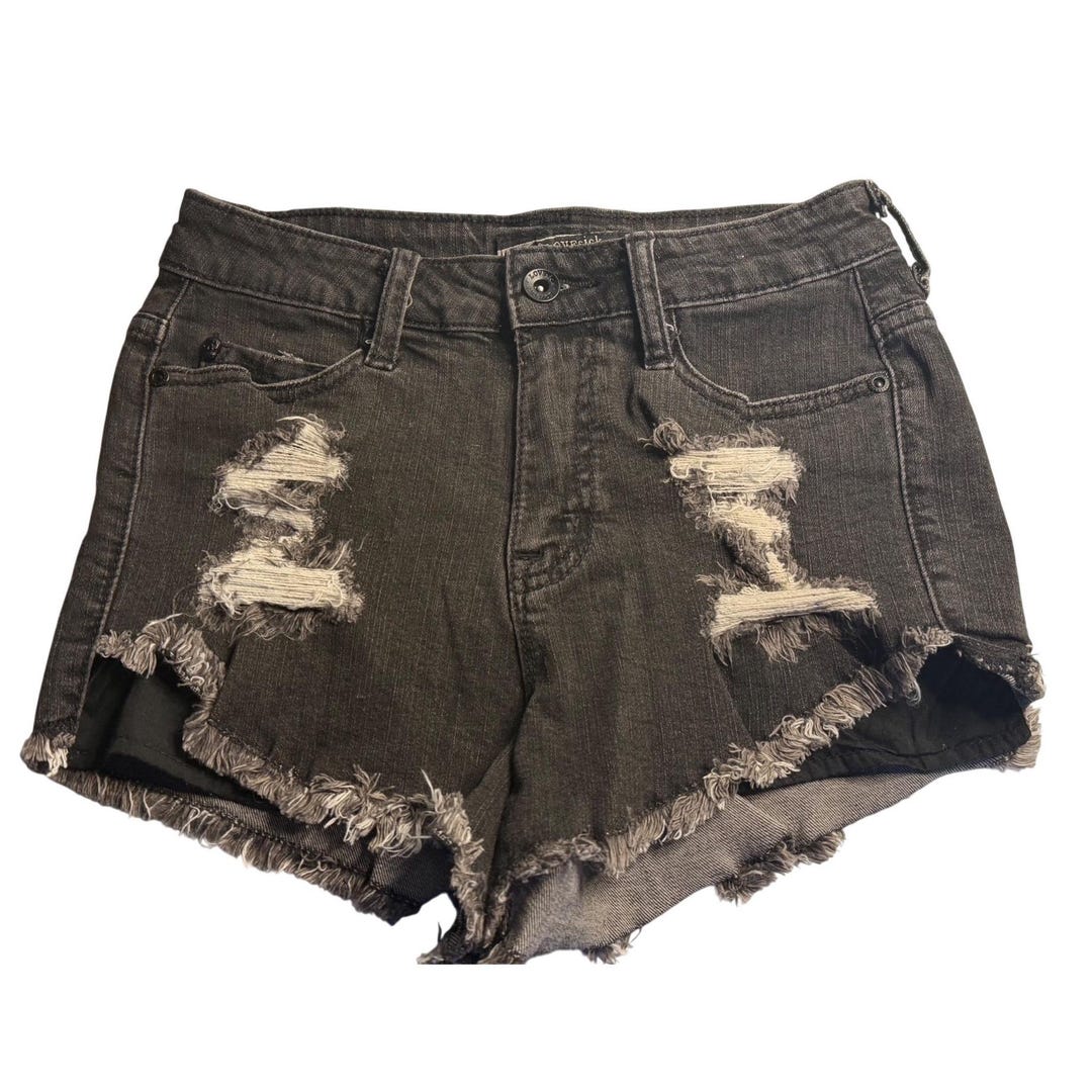 VTG Y2K Lovesick Women Distressed Black Denim Short Frayed High Waisted ...