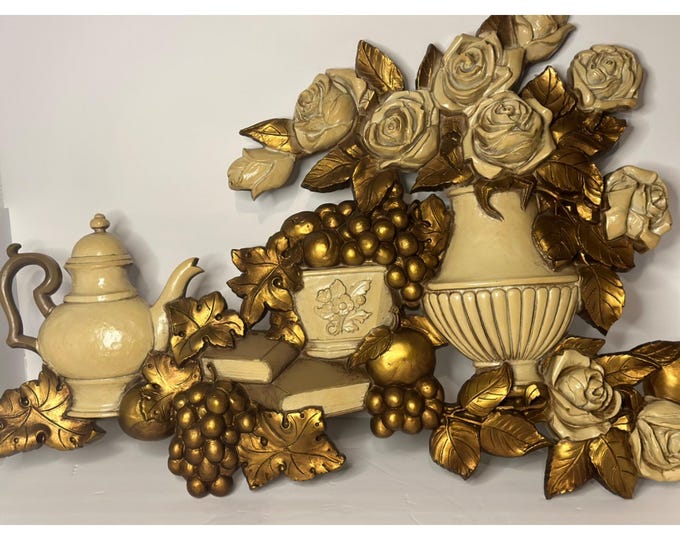 1973 Homco Syroco Hollywood Regency Gold White Roses Teapot Wall Decor ...