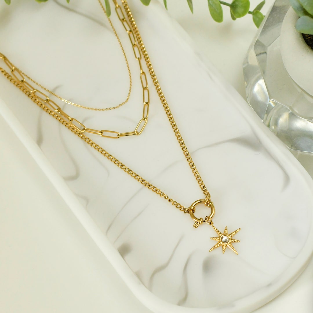 Multi-row Necklace With Golden North Star Pendant Waterproof Stainless ...