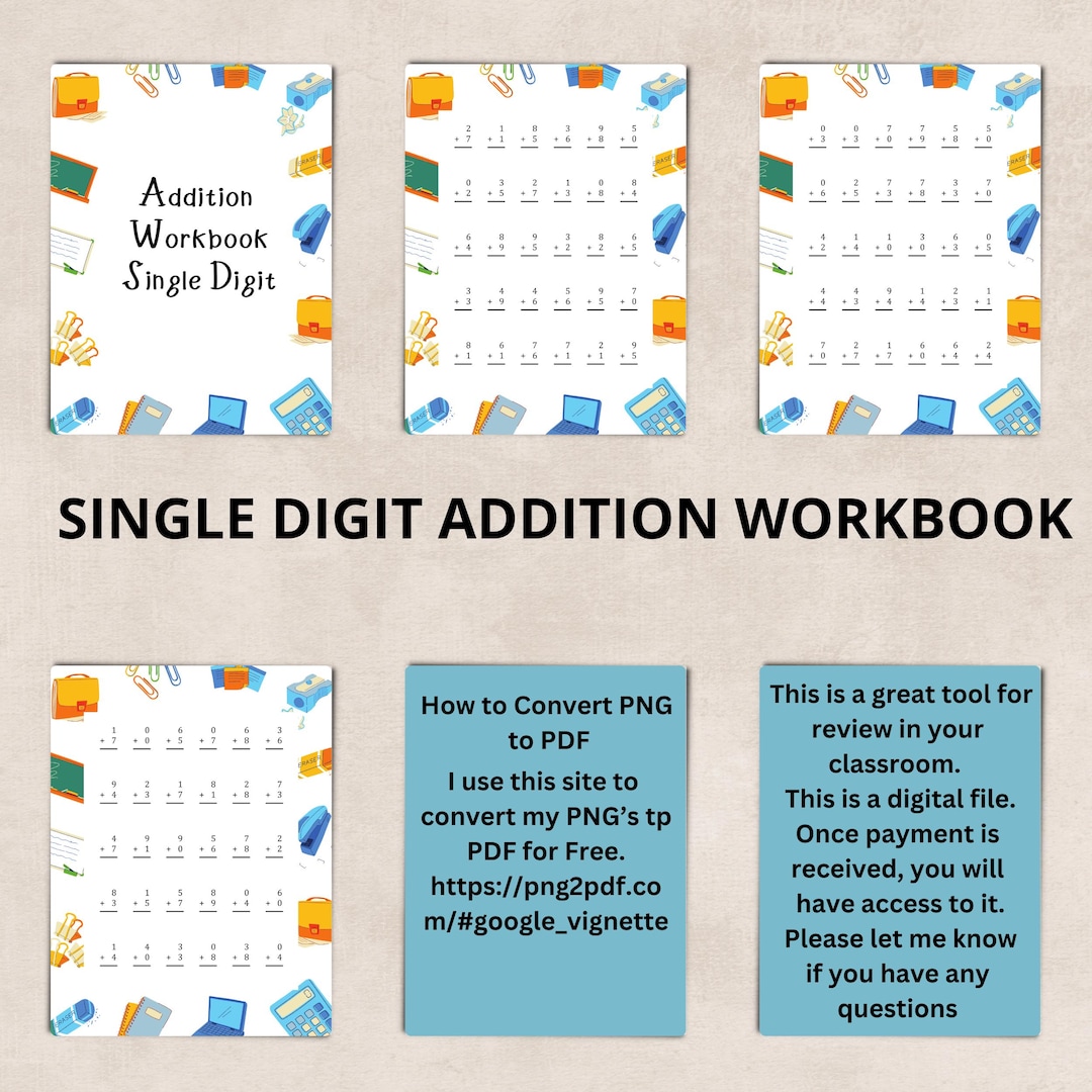 Single Digit Addition Math Workbook PNG. Directions to Convert to PDF ...