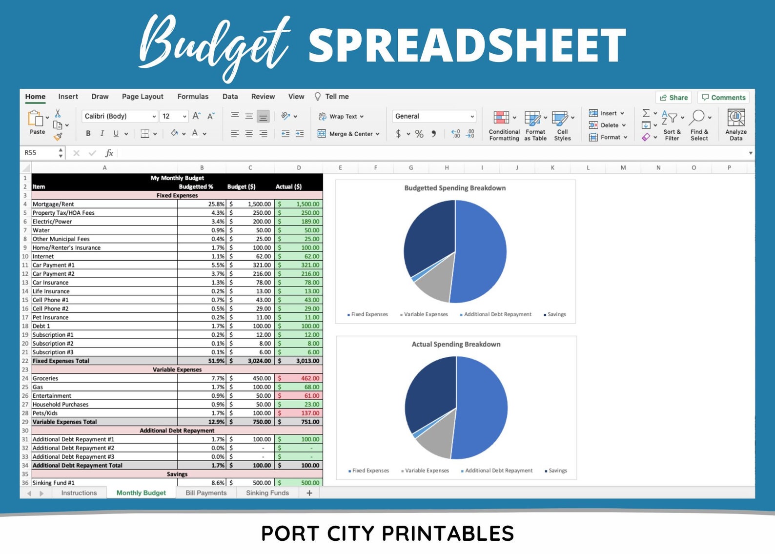 Monthly Budget Template - Microsoft Excel Spreadsheet - Etsy Canada