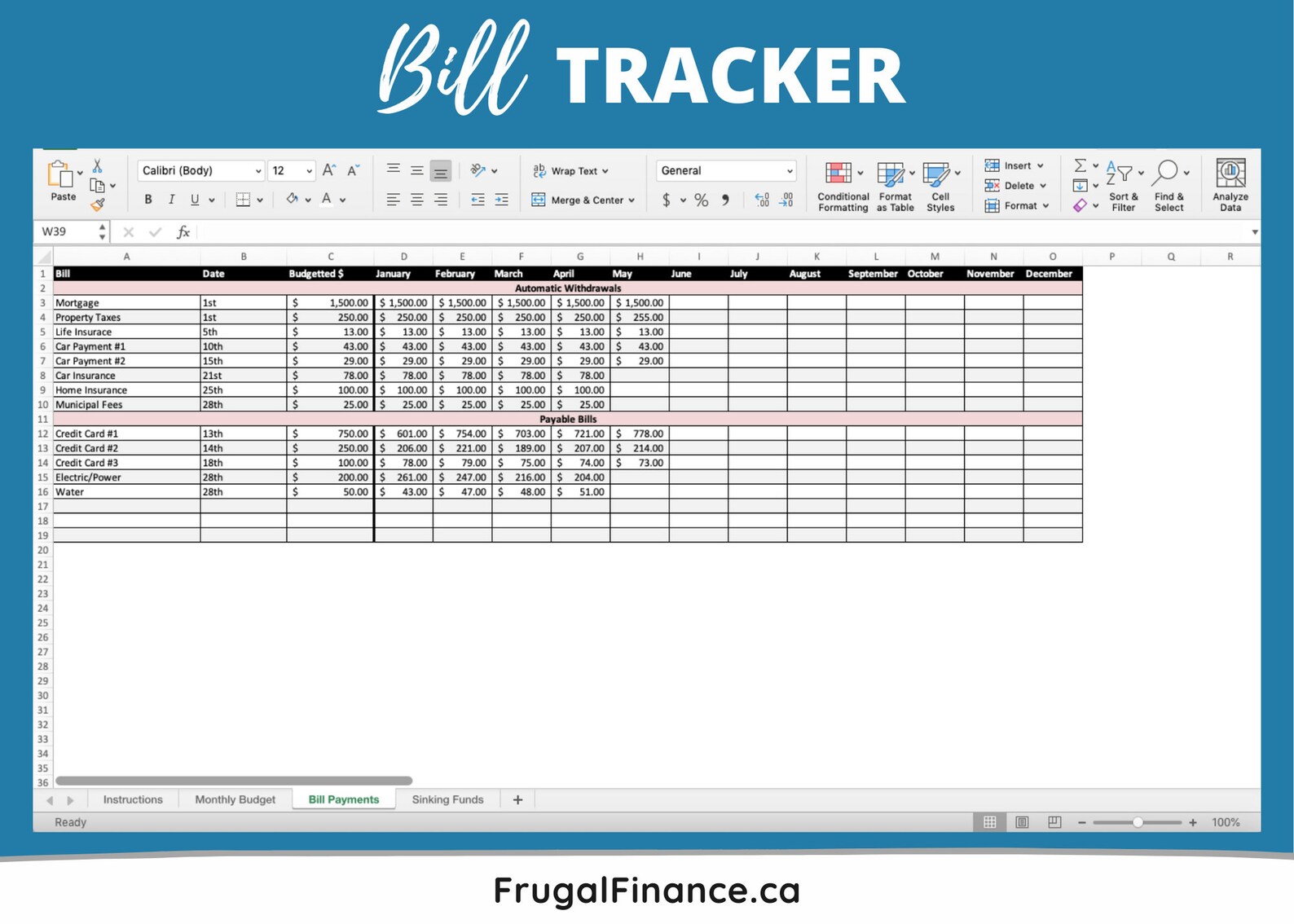 Monthly Budget Template Microsoft Excel Spreadsheet | Etsy Canada