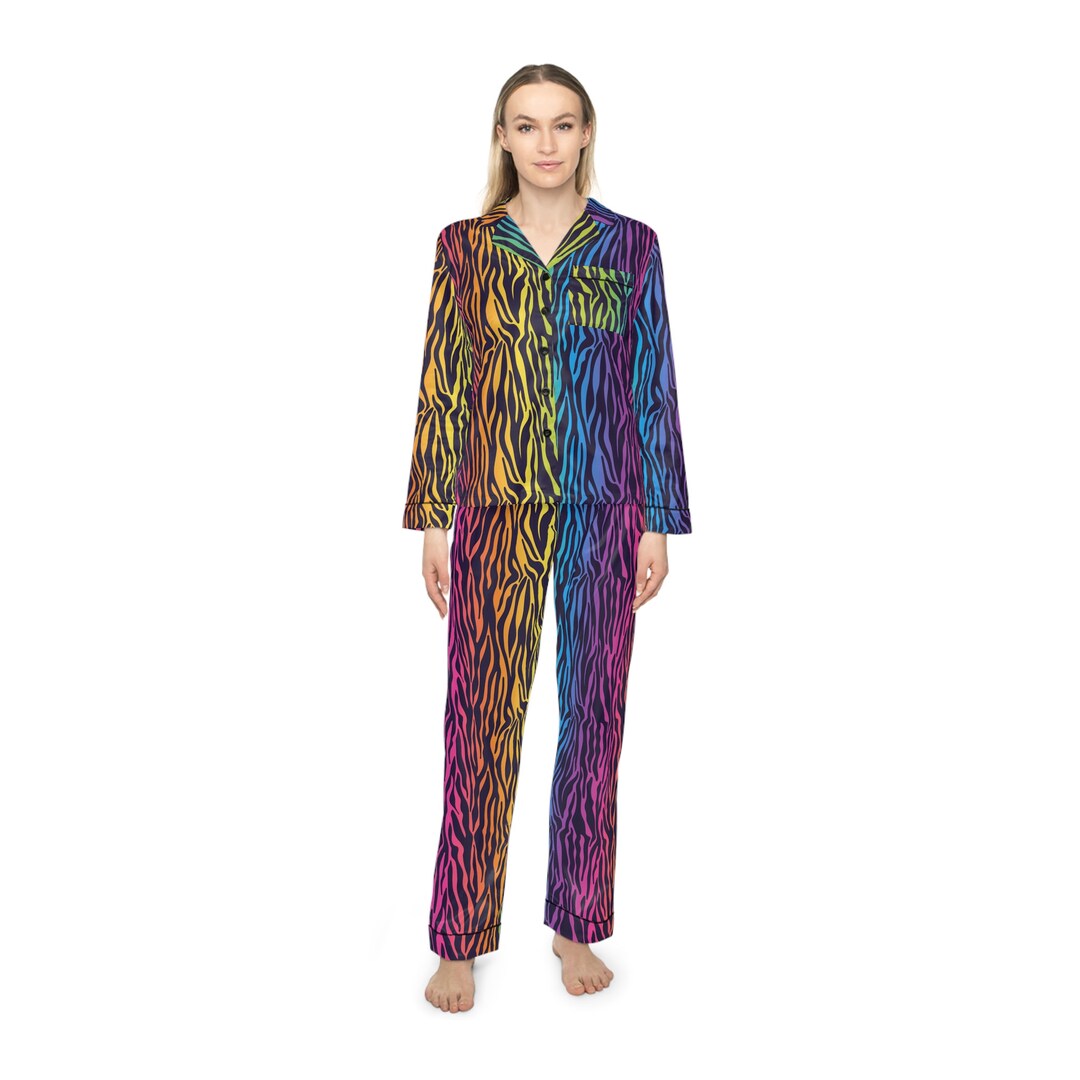 Satin Pajamas, Rainbow Ombre Zebra Print, Women's Loungewear, Colorful ...