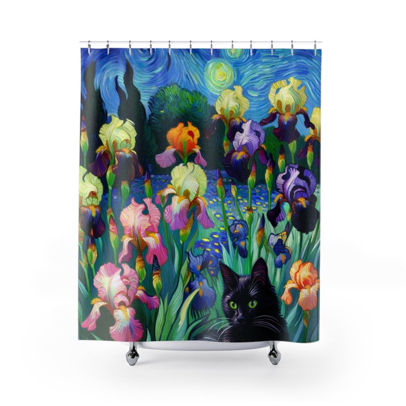 Black Cat Vincent Van Gogh Irises Starry Night Artwork Print Shower ...