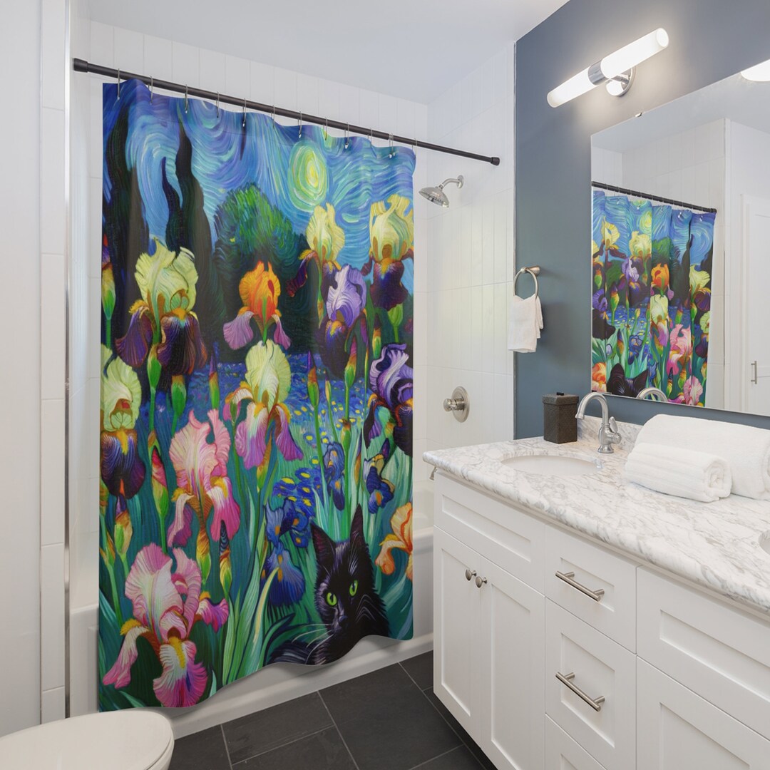 Black Cat Vincent Van Gogh Irises Starry Night Artwork Print Shower ...