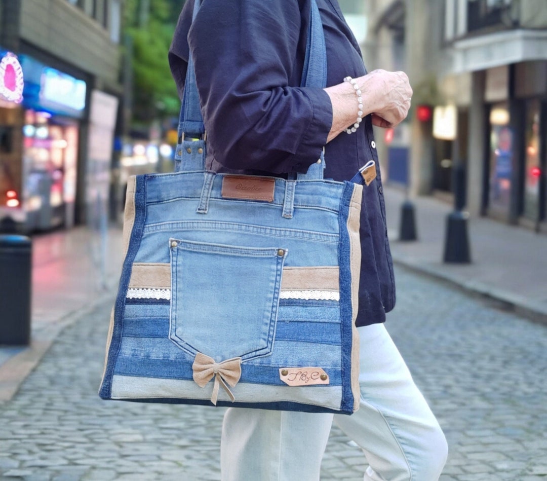 Repurposed Denim Patchwork Tote Bag With Zipper, Large Jeans Shoulder ...