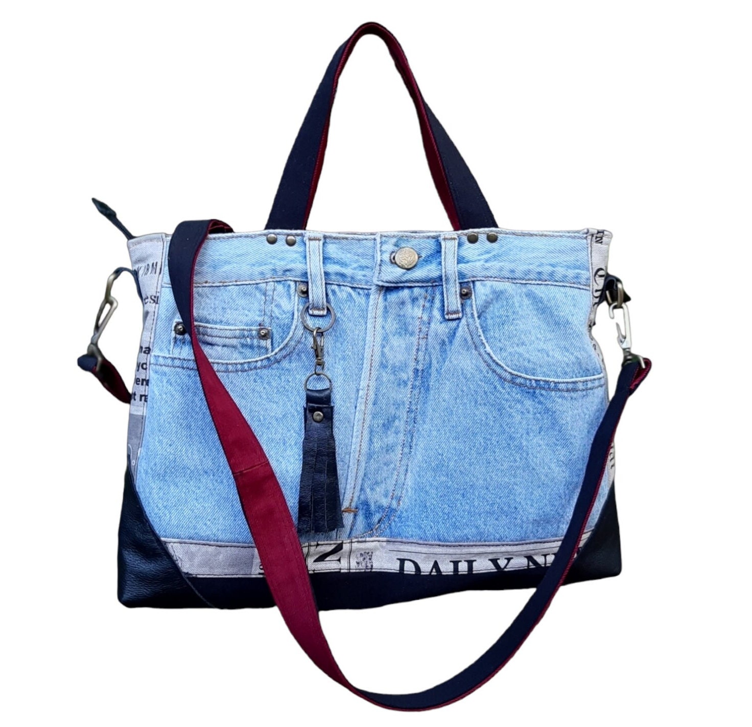 Denim Crossbody Bag With Removable Strap, Upcycled Blue and Red ...