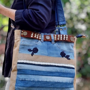 Denim Patchwork Tote Bag With Zipper, Upcycled Jeans Shoulder Bag With ...