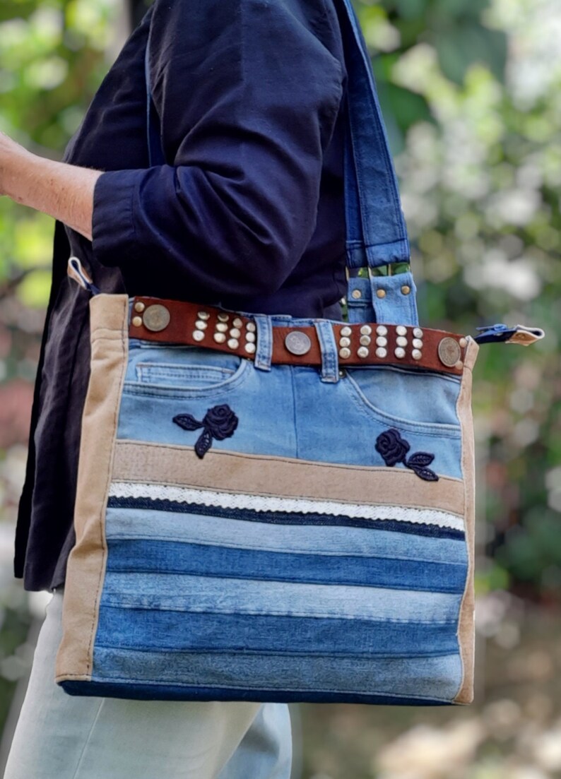 Denim Patchwork Tote Bag With Zipper, Upcycled Jeans Shoulder Bag With ...