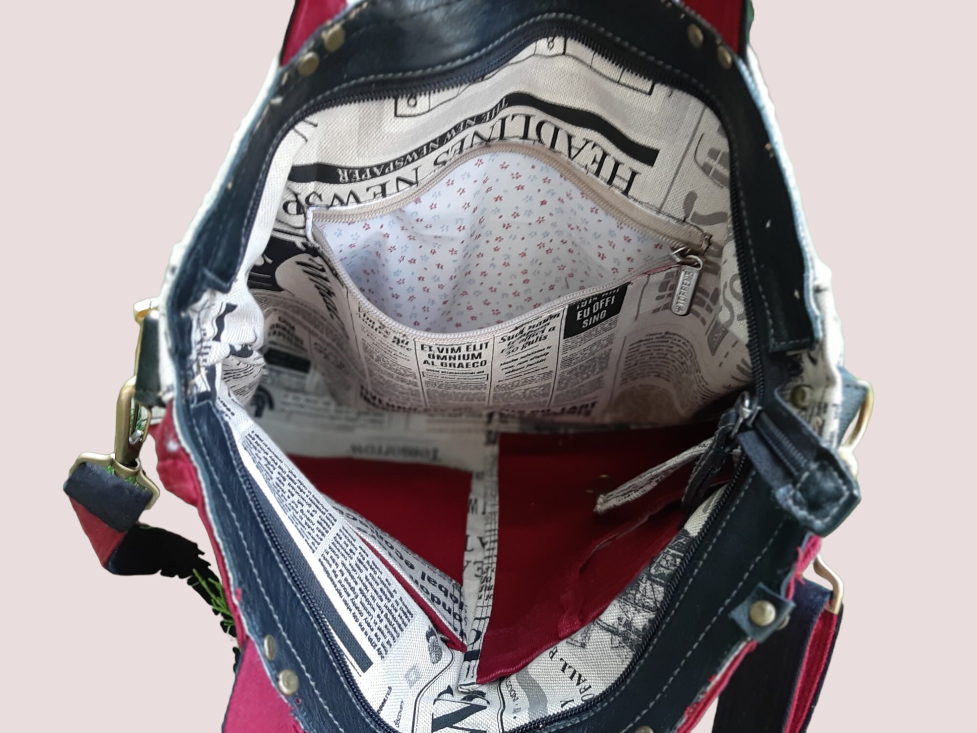 Denim Crossbody Bag With Removable Strap, Upcycled Blue and Red ...
