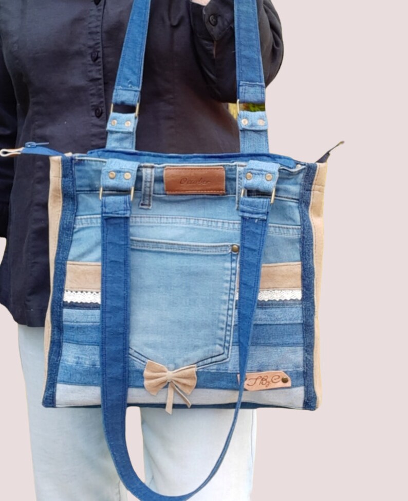 Denim Patchwork Tote Bag With Zipper, Upcycled Jeans Shoulder Bag With ...
