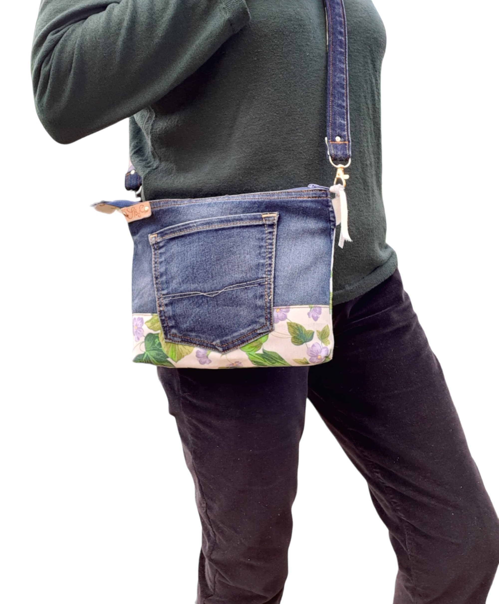 Small Denim Upcycled Crossbody Purse With Floral Canvas, Wrislet Jeans ...