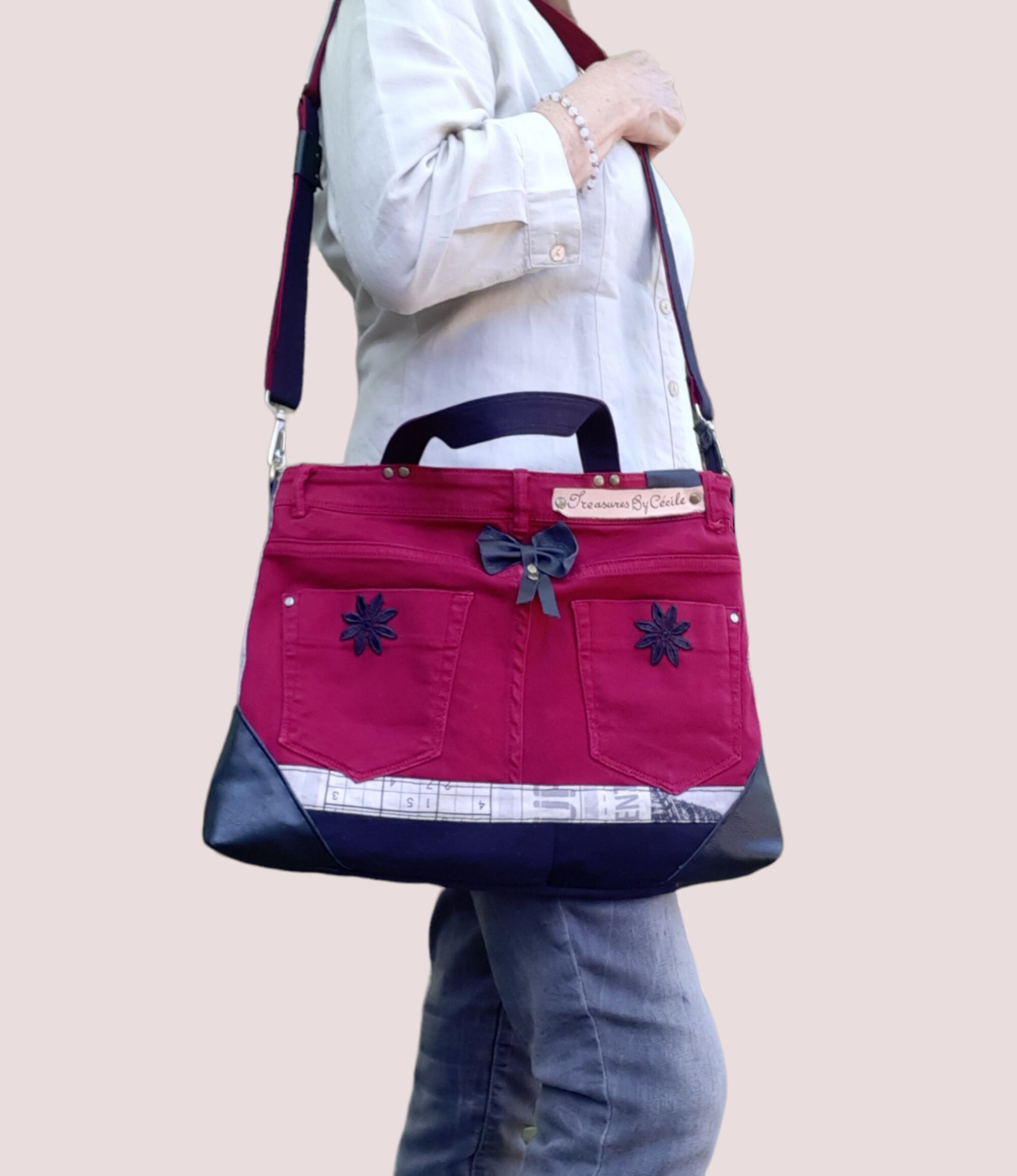 Denim Crossbody Bag With Removable Strap, Upcycled Blue and Red ...