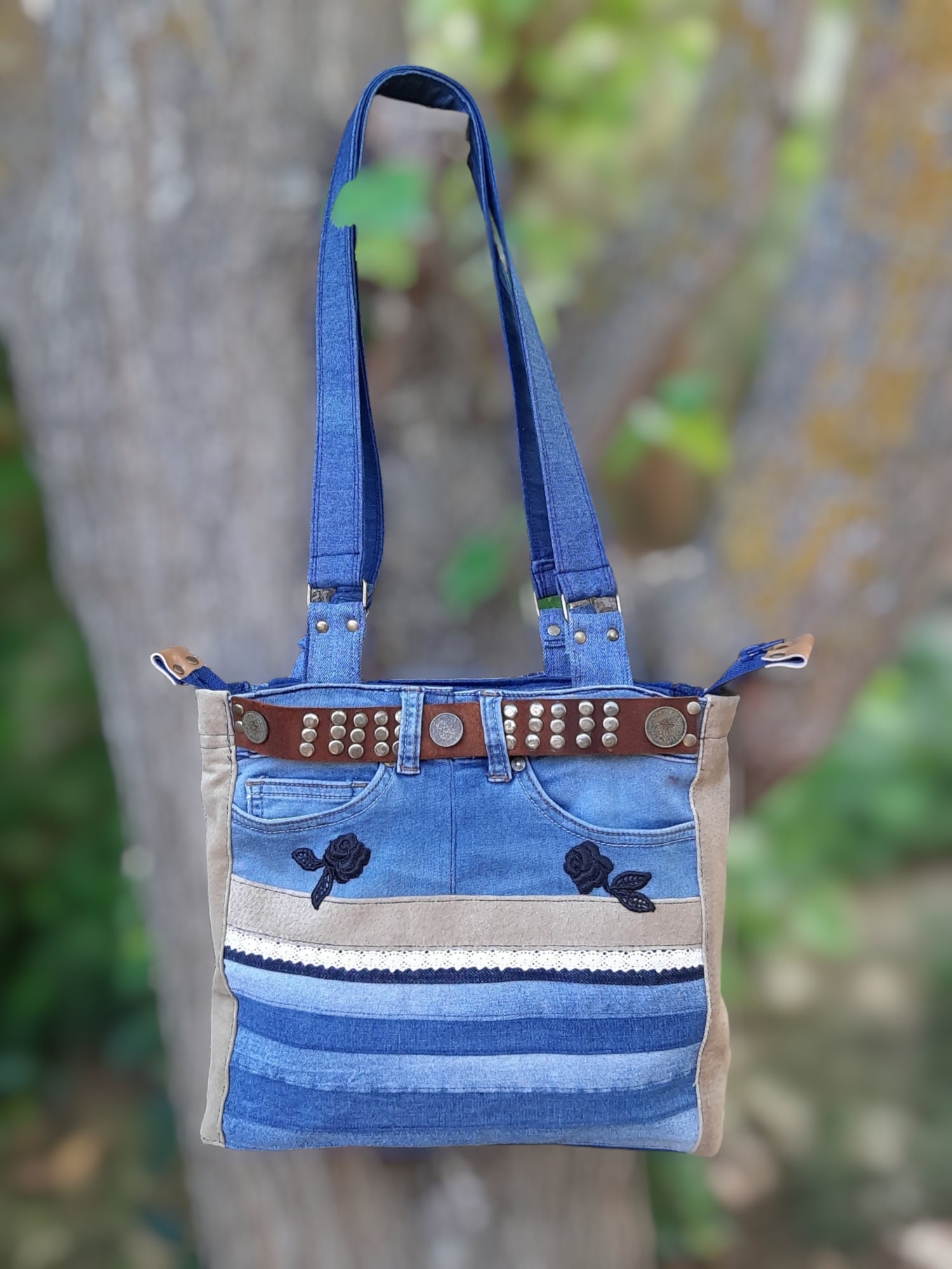 Denim Patchwork Tote Bag With Zipper, Upcycled Jeans Shoulder Bag With ...