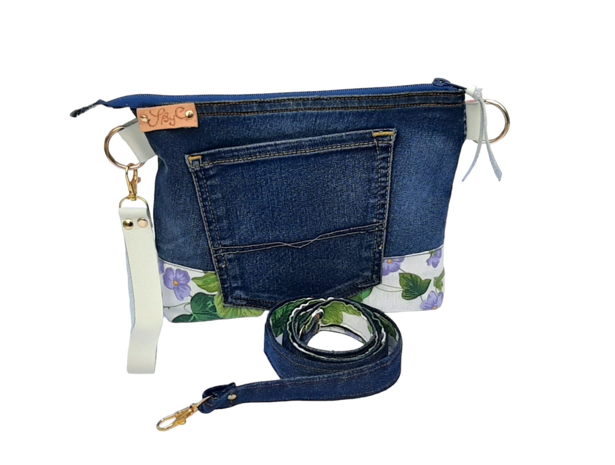 Small Denim Upcycled Crossbody Purse With Floral Canvas, Wrislet Jeans ...