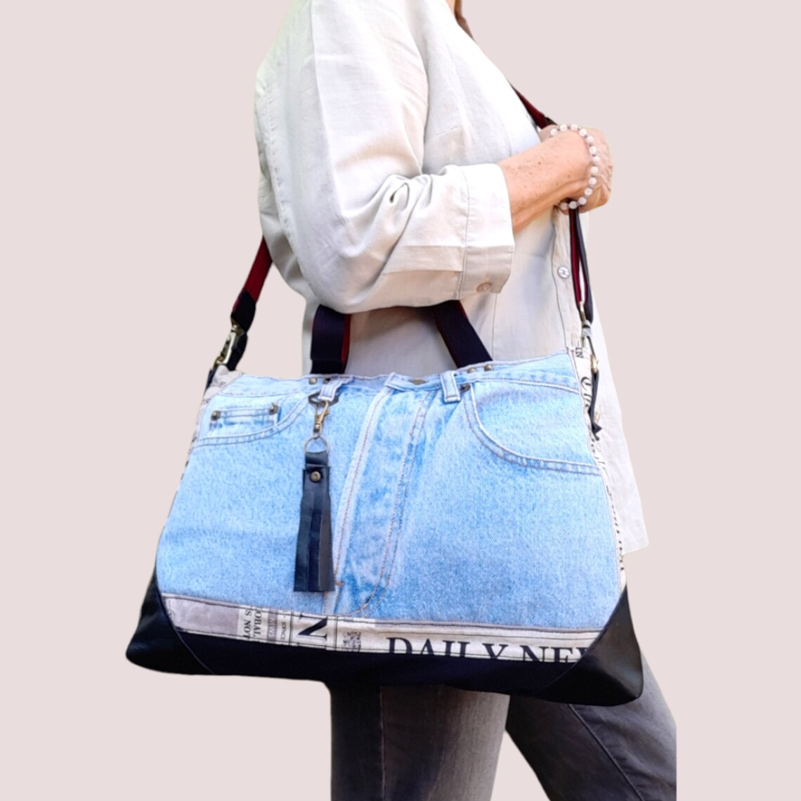 Denim Crossbody Bag With Removable Strap, Upcycled Blue and Red ...