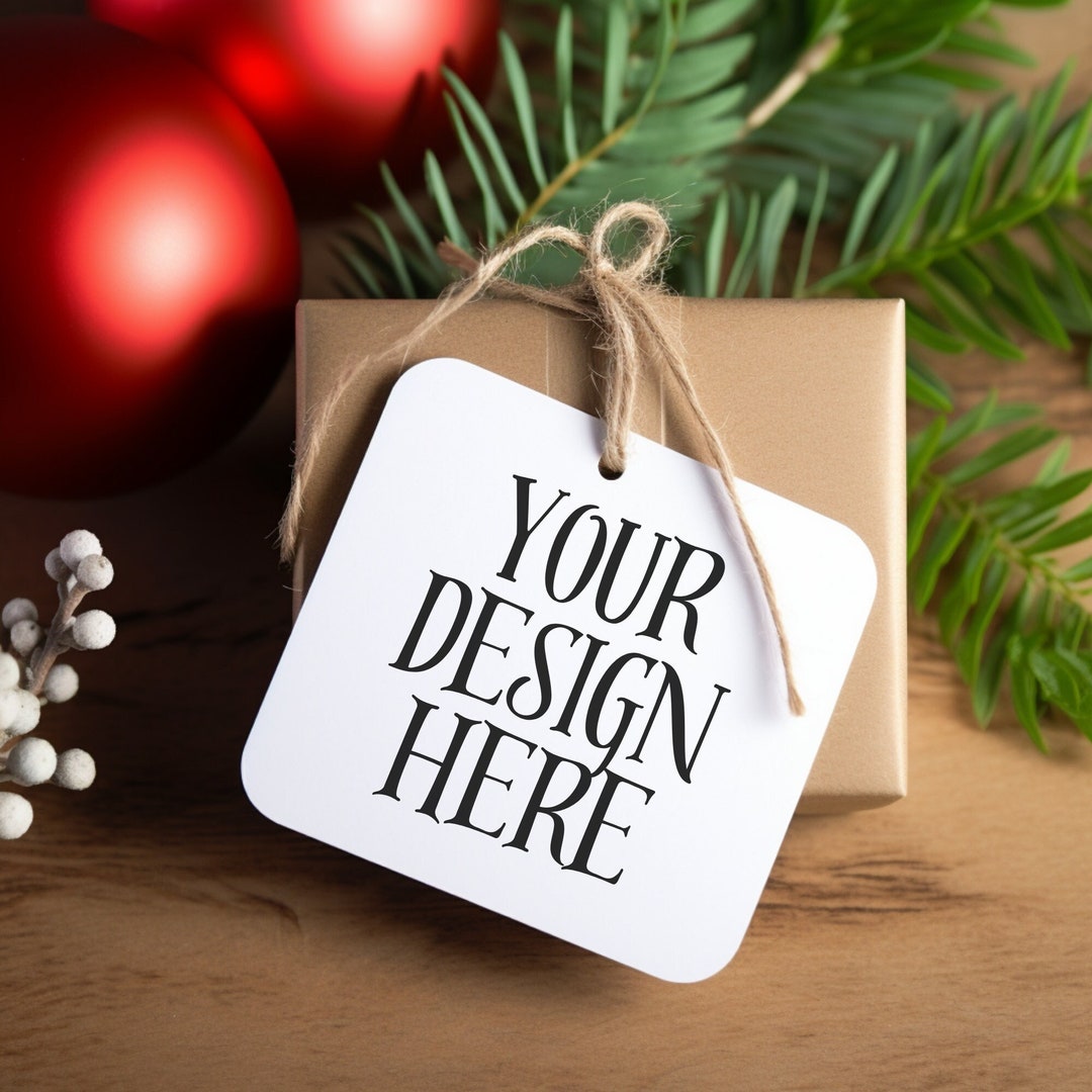 Square Gift Tag Mockup, Christmas Tag Mockup, White Gift Tag Mockup ...