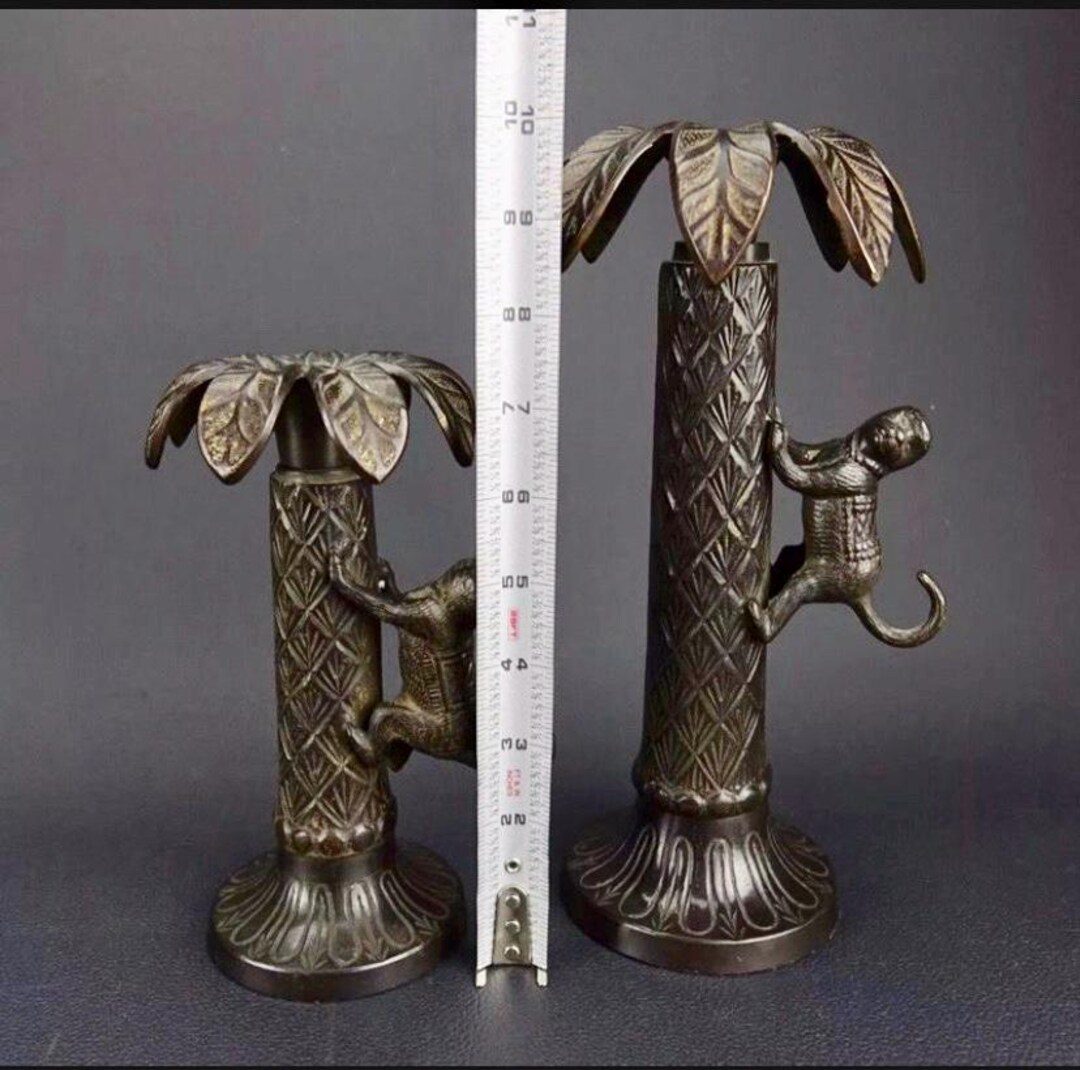 Vintage Bombay Pair of Monkey on Palm Tree Candle Stick Holder 10", 7.5 ...