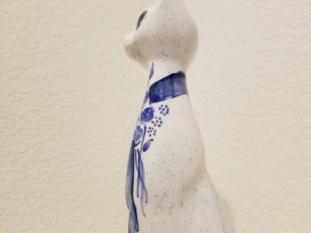 Indigo Cat Figurine, Long Neck Porcelain Cat 10 Inches Tall, Blue White ...