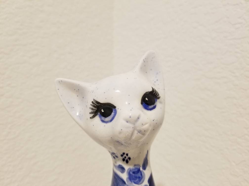 Indigo Cat Figurine, Long Neck Porcelain Cat 10 Inches Tall, Blue White ...