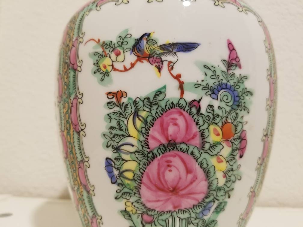 Vintage Hand Painted 8 Tall Chinese Vase, Pink Floral Vase, Butterflies ...