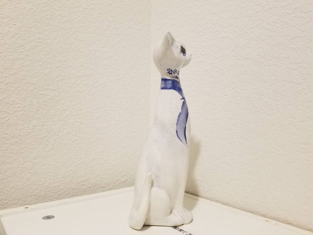 Indigo Cat Figurine, Long Neck Porcelain Cat 10 Inches Tall, Blue White ...