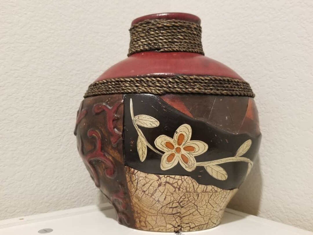 Hand Painted Red Patchwork Vase, 10" Tall Handcrafted Vase, Red Velvet ...