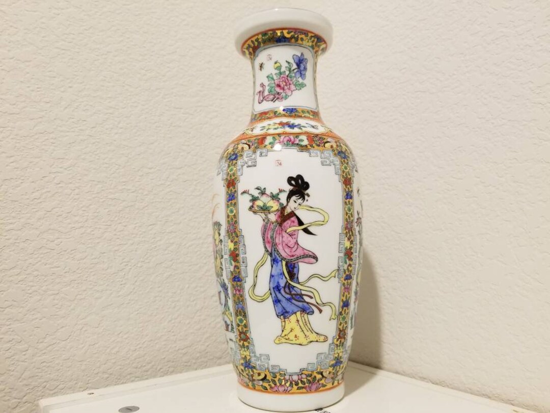 Vintage Hand Painted 12" Tall Vase, Chinese Vase Pink Floral Vase ...