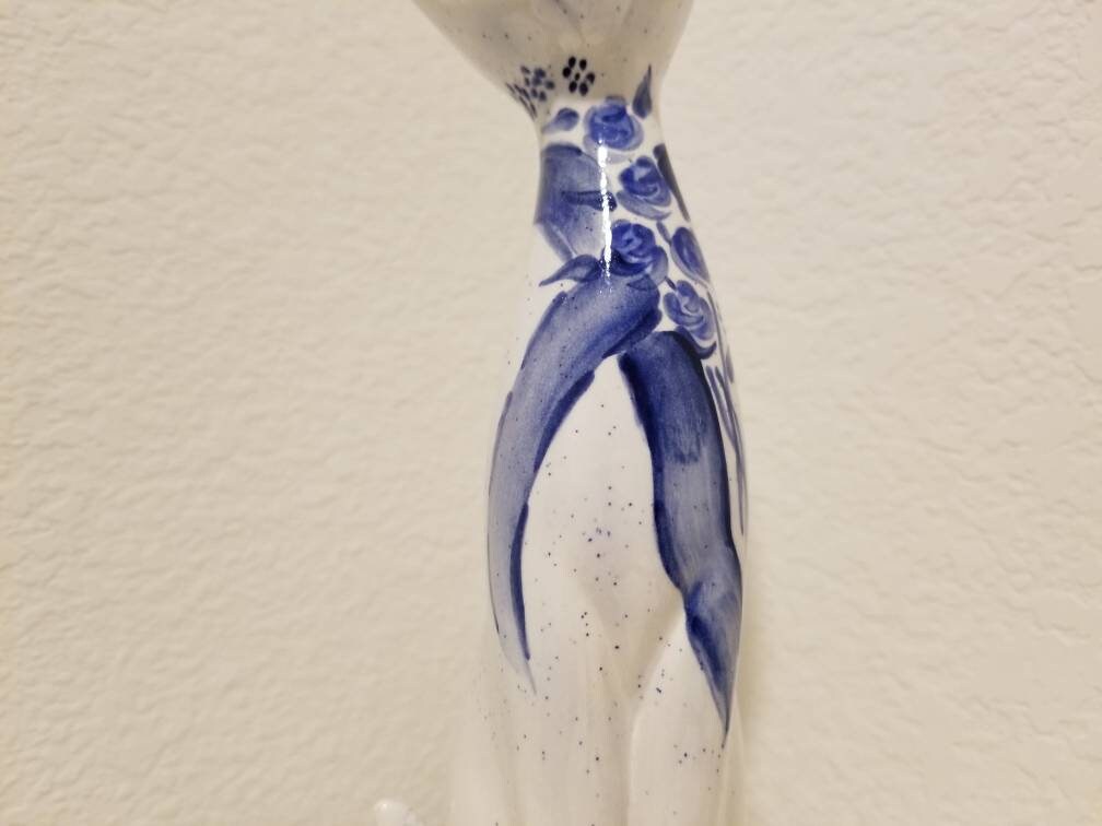 Indigo Cat Figurine, Long Neck Porcelain Cat 10 Inches Tall, Blue White ...