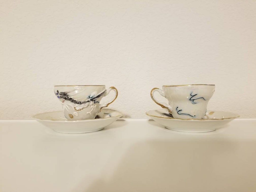 Asian Hand Painted Dragon Ware 2 Teacups 2 Saucers, Vintage Porcelain ...