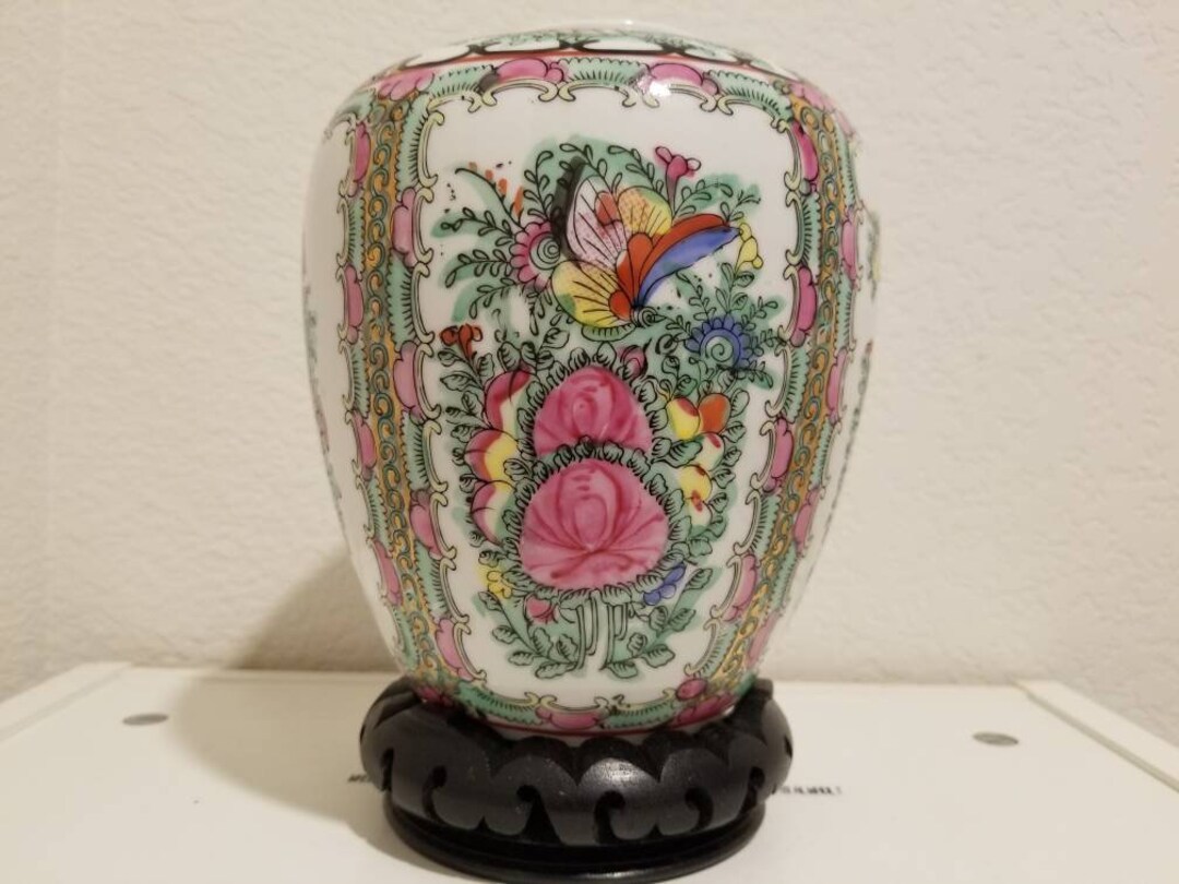 Vintage Hand Painted 8 Tall Chinese Vase, Pink Floral Vase, Butterflies ...
